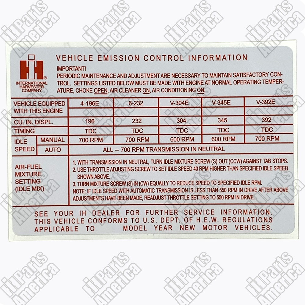 IH Parts America: Vehicle Emission Control Information Decal for Scout 800