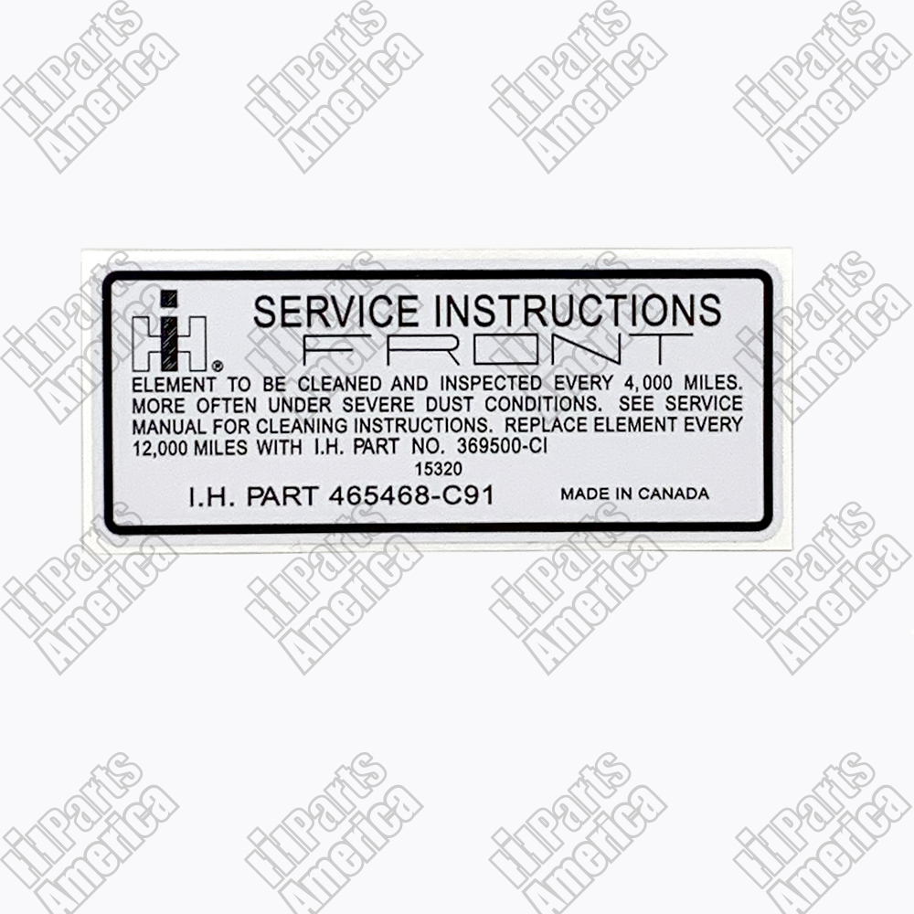 IH Parts America: Air Cleaner Service Instructions Decal for IH Engine